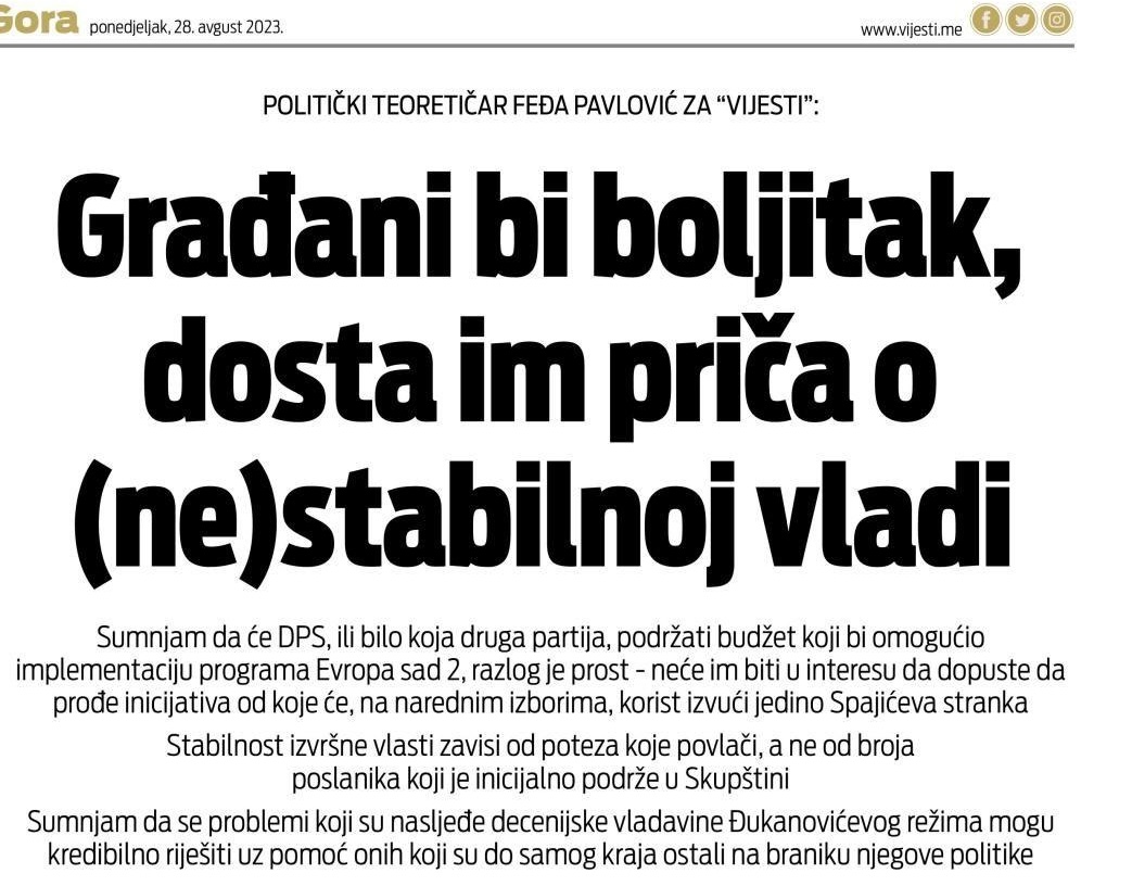 Intervju za “Vijesti” – Feđa Pavlović